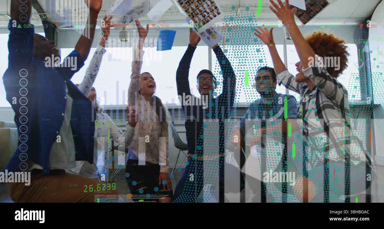 Showing portrait sheets, six business casual colleagues raising arms in ...