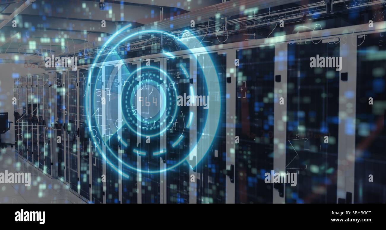 Floating glowing blue holographic display in data center, with server racks and LED indicators ...