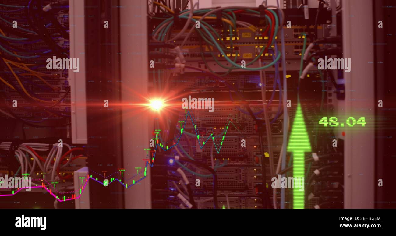Displaying rack with blinking LEDs, Ethernet cables in datacenter ...