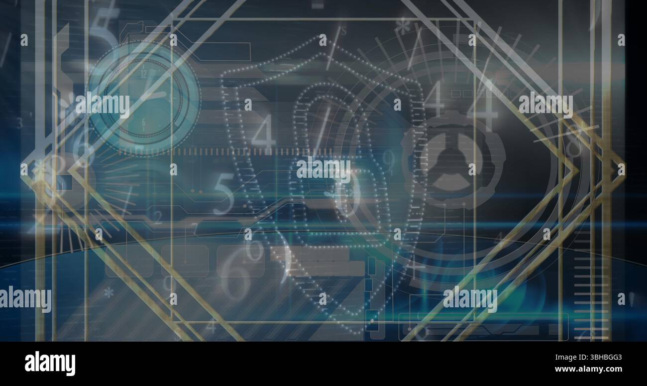 Displaying holographic interface in cockpit dashboard, showing golden hexagon and floating ...