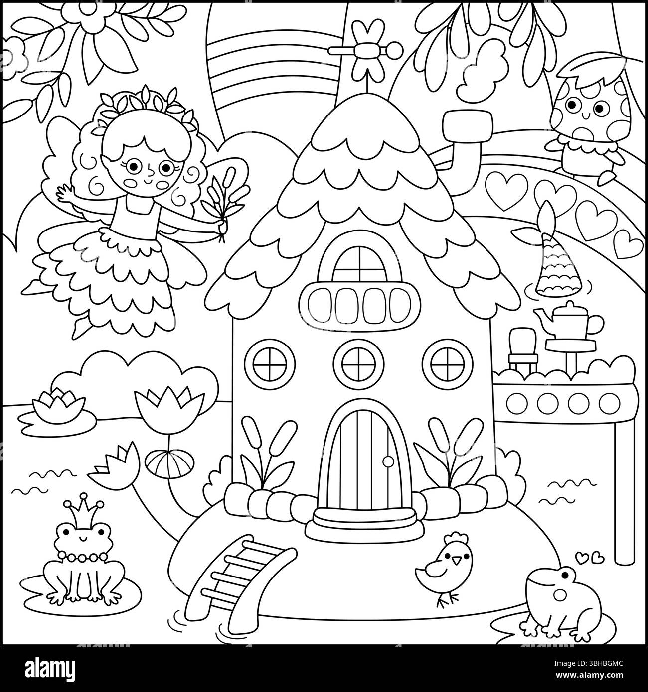 Vector black and white square fairyland background with swamp fairy ...