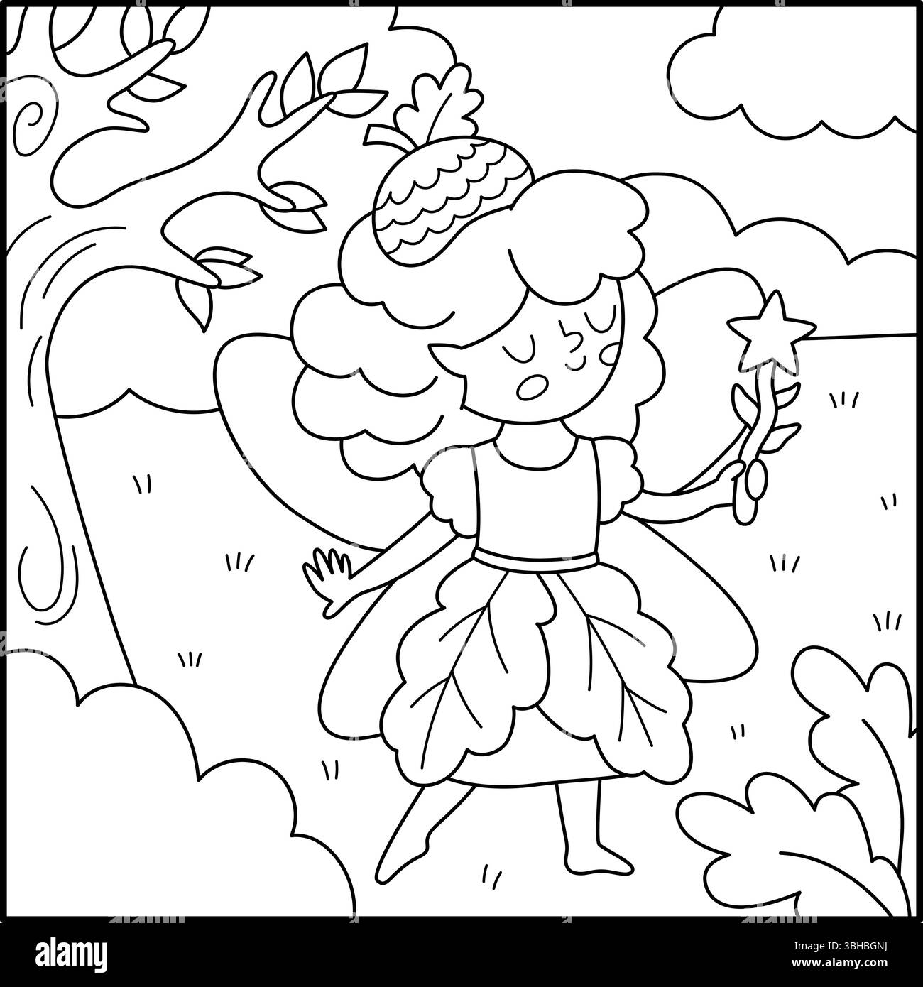 Vector black and white square background with acorn fairy. Fairyland ...