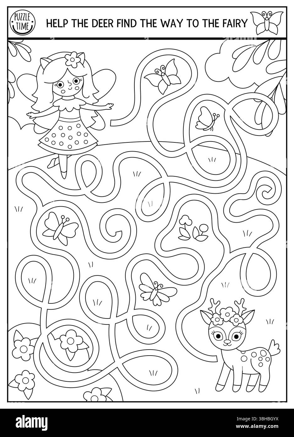 Black and white maze for kids with deer going to fairy, magic forest or ...