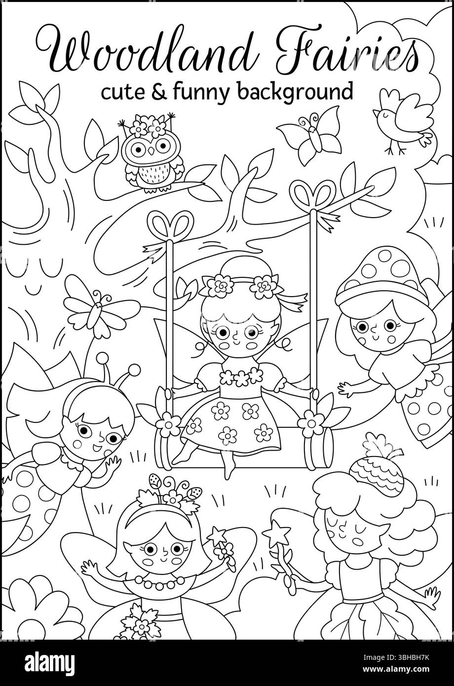 Vector black and white scene with woodland fairies. Fairyland line ...