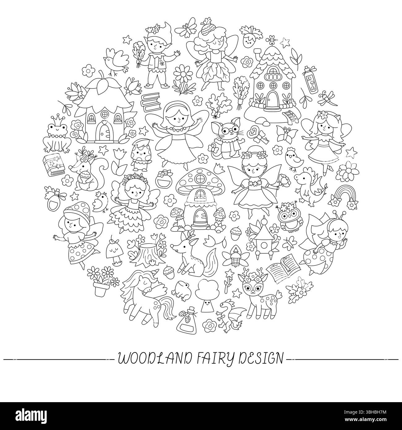 Vector black and white woodland fairy round frame with elf, dwarf ...