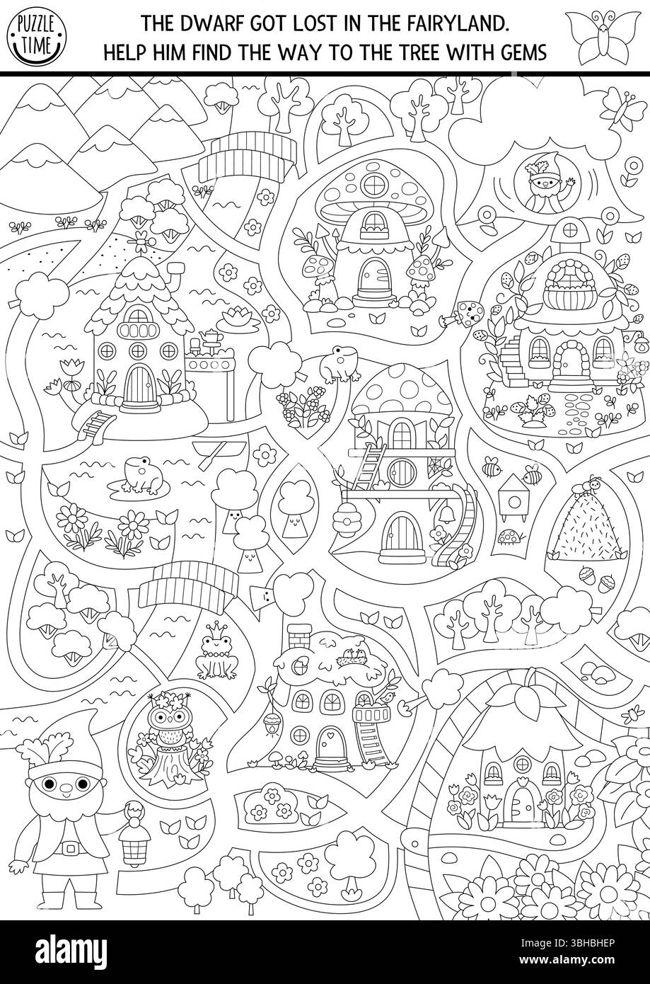 Black and white maze for kids with woodland fairies, house, magic ...