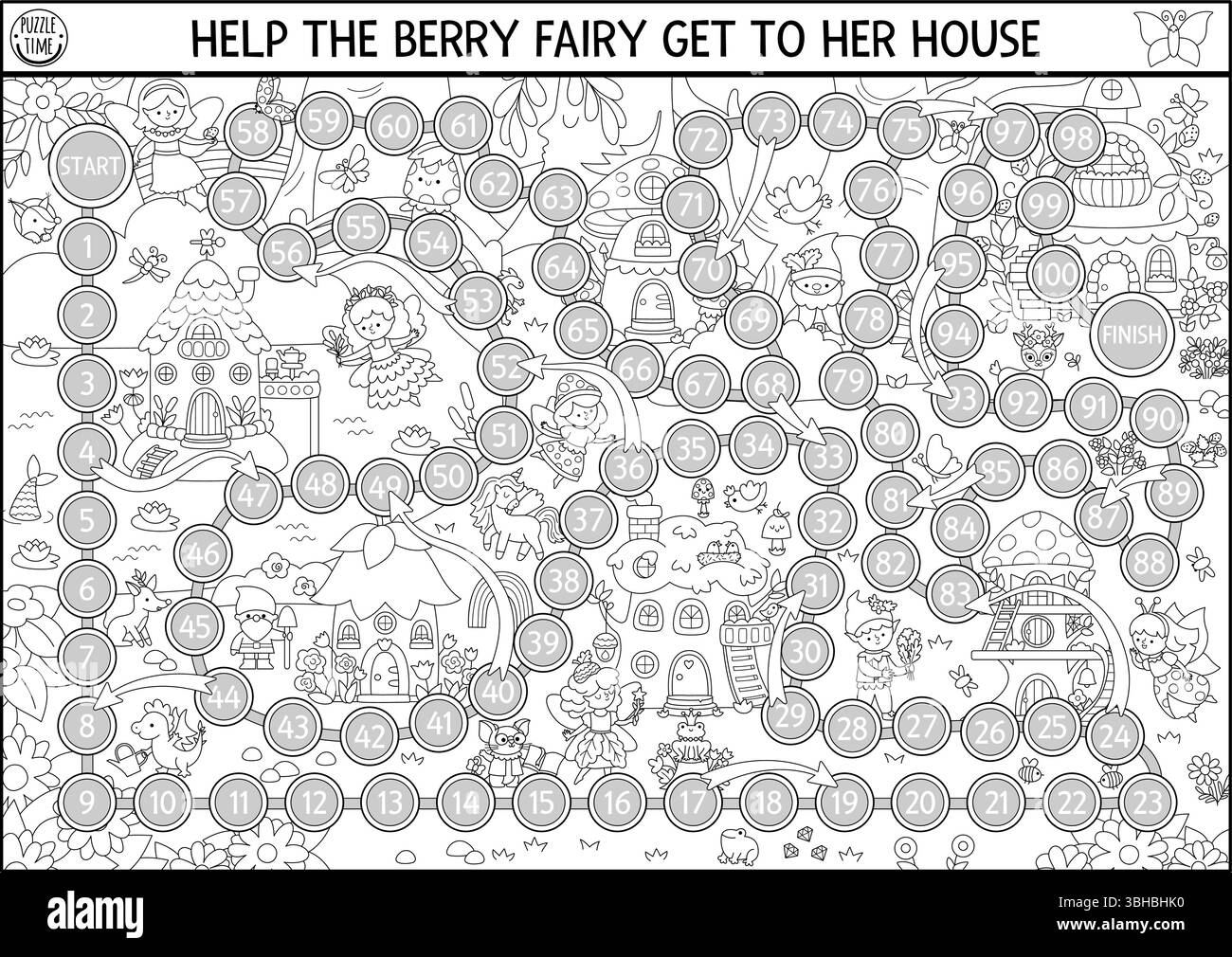 Woodland fairy black and white dice board game with magic forest ...