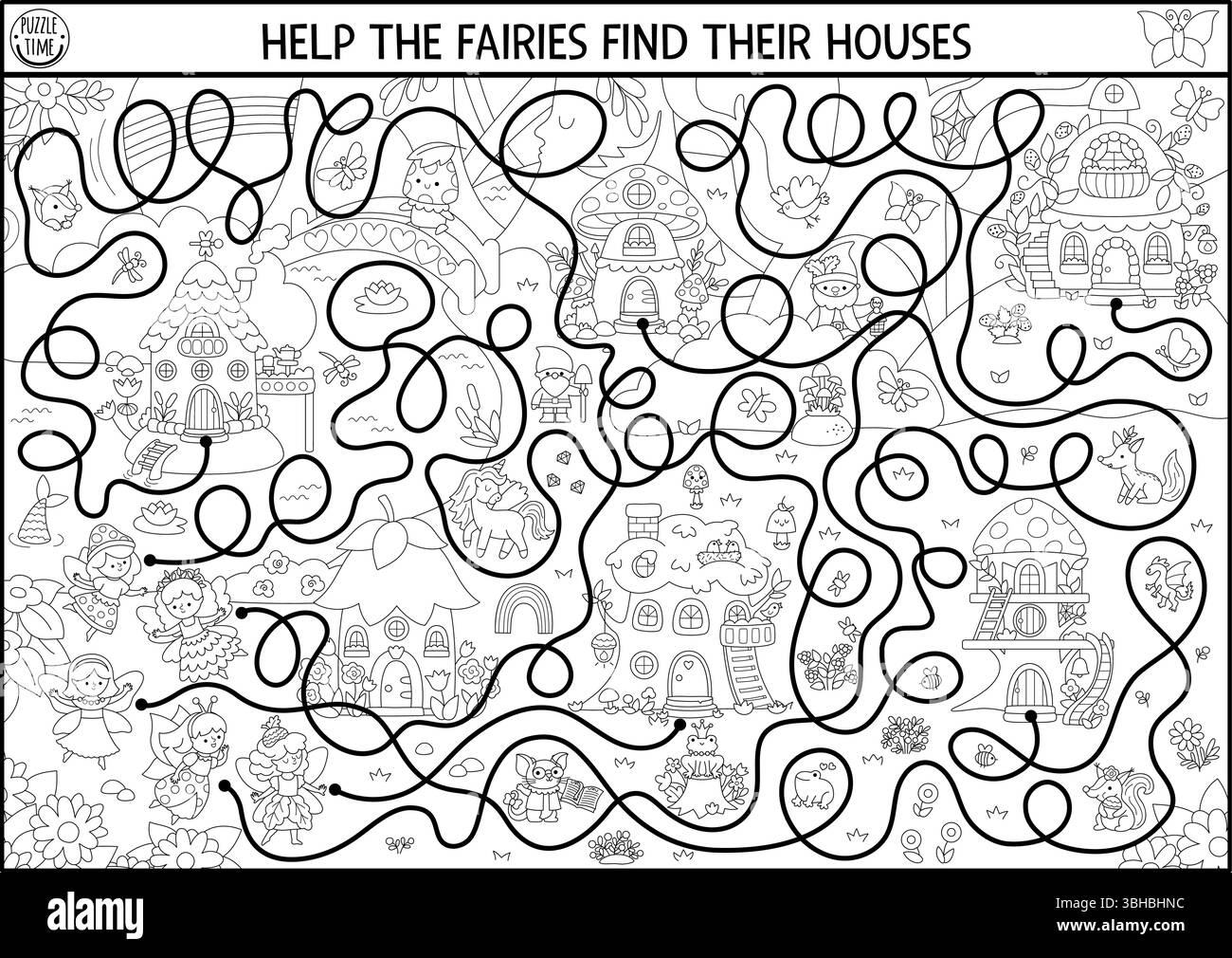 Black and white maze for kids with woodland fairies, houses, magic ...