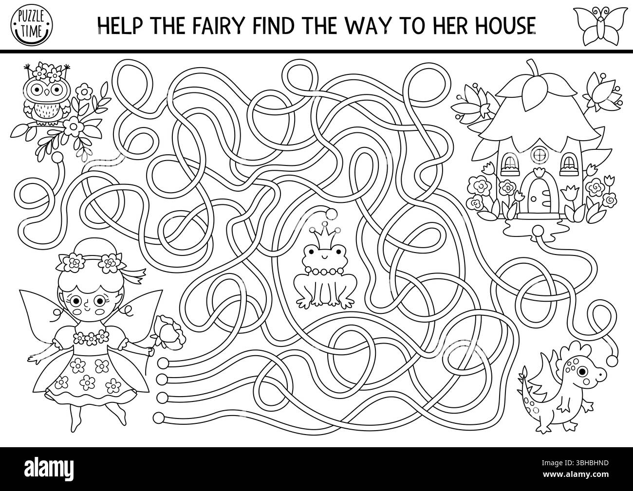 Black and white maze for kids with flower fairy going to her house ...