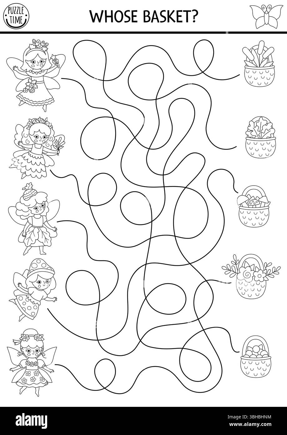 Black and white maze for kids with woodland fairies and baskets with ...