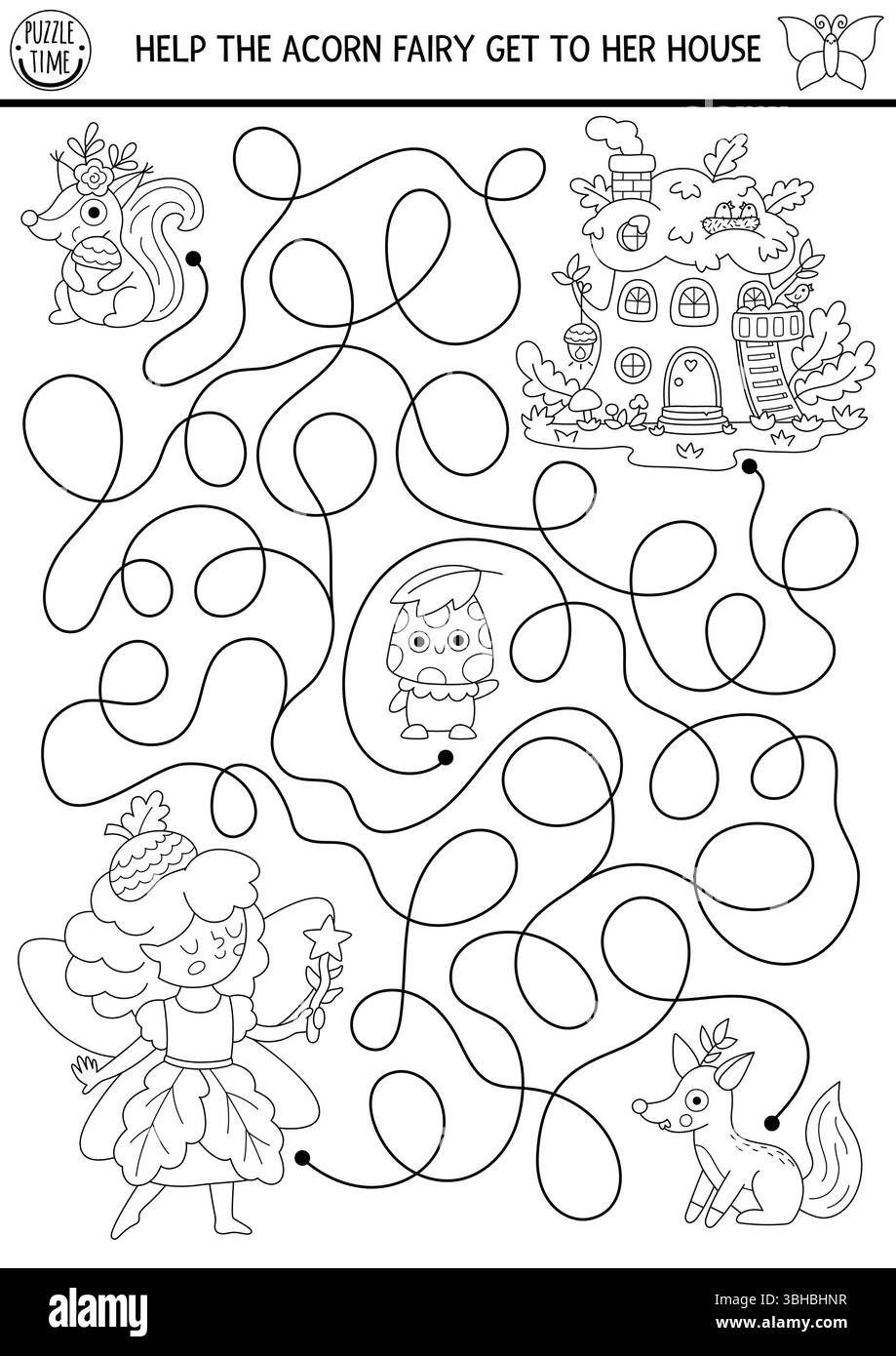 Black and white maze for kids with acorn fairy going to her house ...