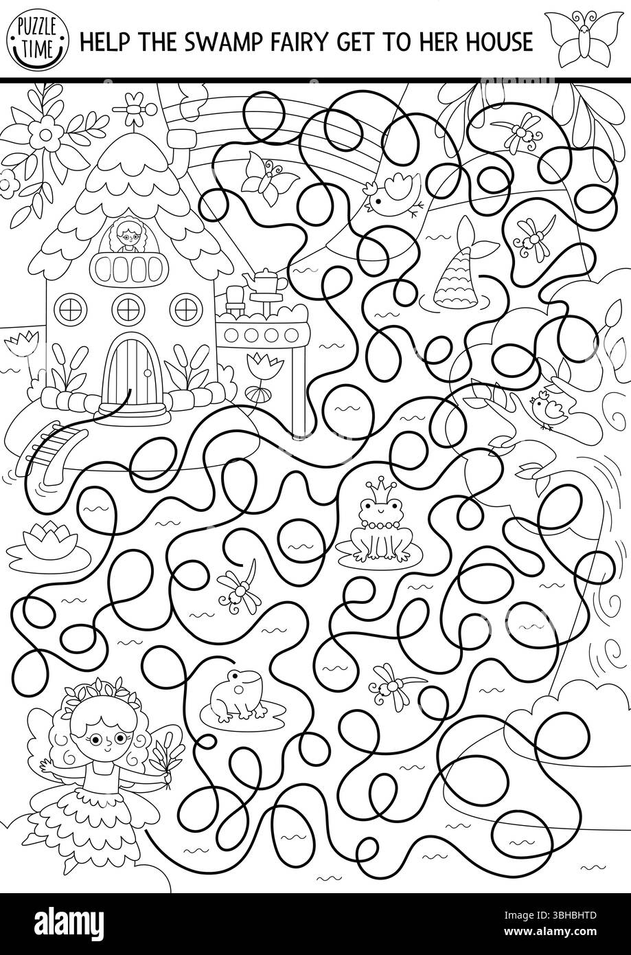 Black and white maze for kids with swamp fairy, enchanted house, magic ...