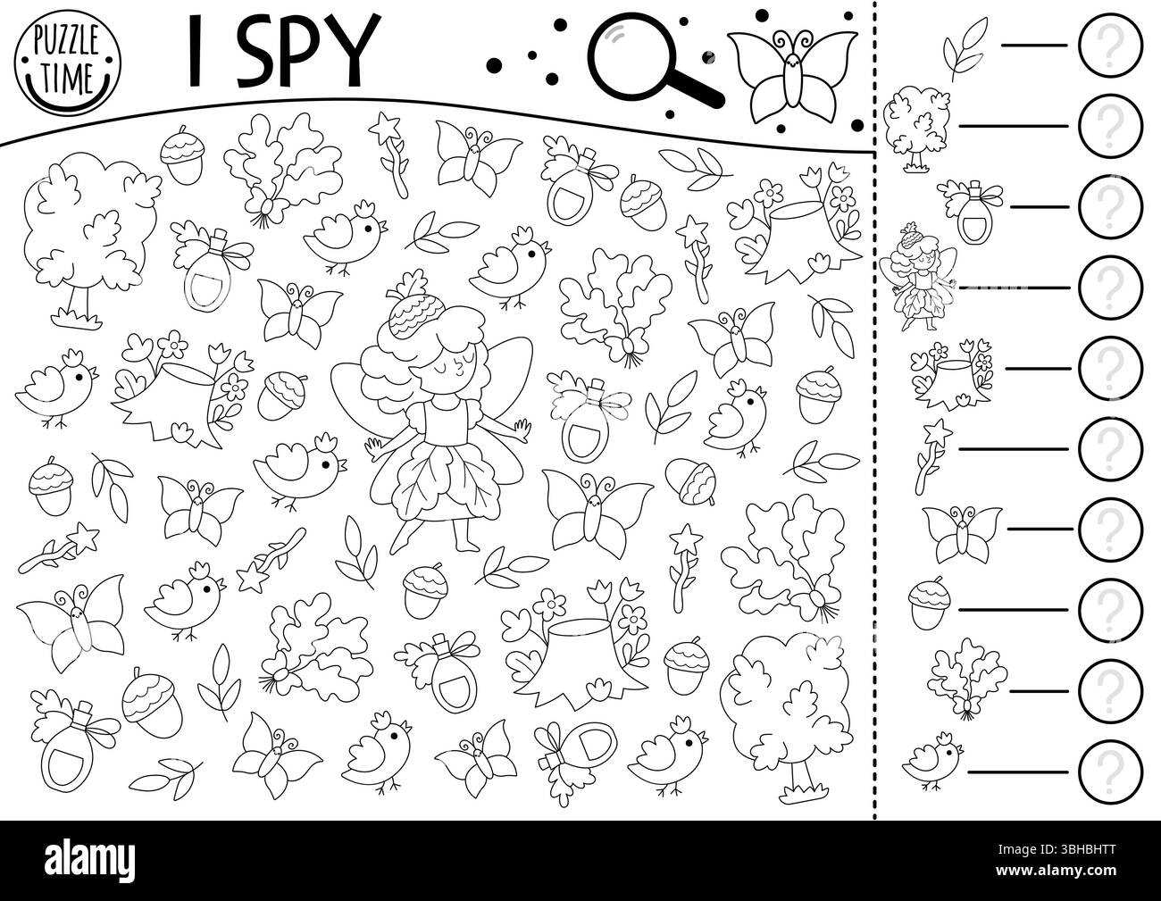 Fairyland black and white I spy game for kids. Searching and counting ...