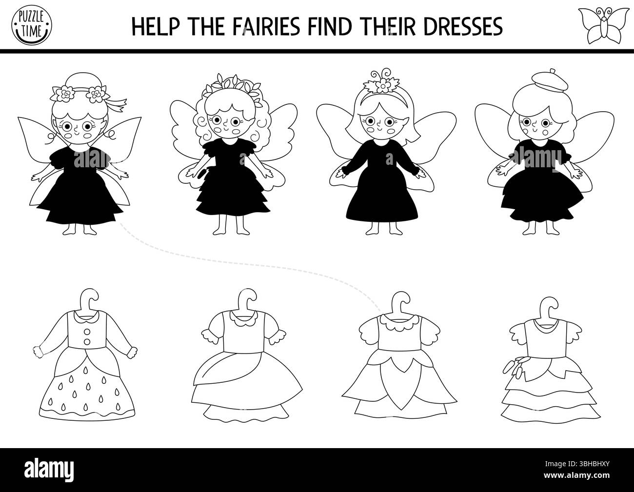 Woodland fairy black and white matching activity with girls and missing ...