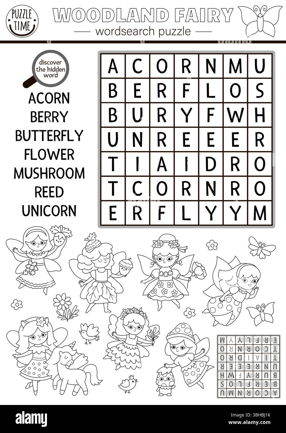 Vector black and white fairyland wordsearch puzzle for kid. Wordsearch ...