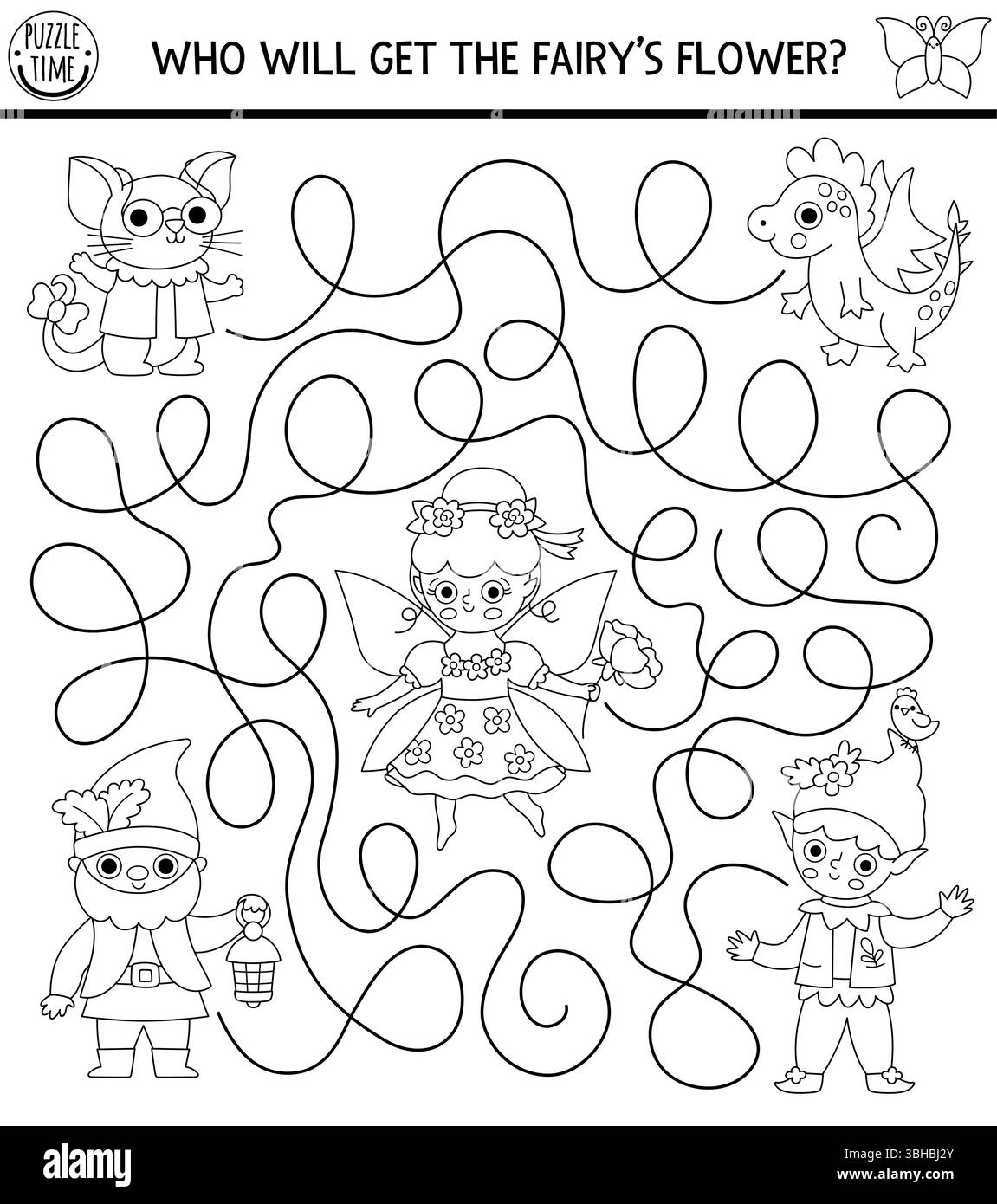 Black and white maze for kids with fairy giving flower to dwarf, elf ...