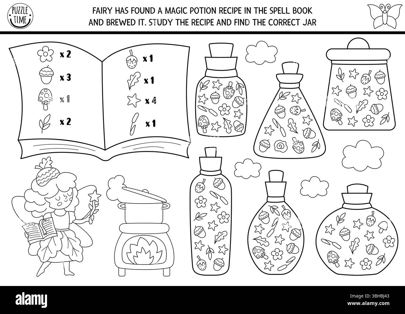 Fairyland black and white matching game with acorn fairy, potion recipe ...