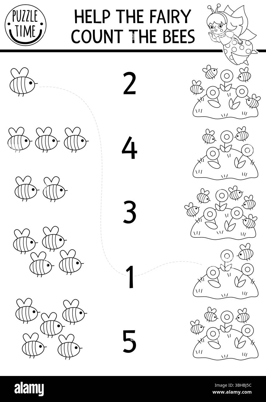 Match the numbers black and white fairyland game with bees and flowers ...