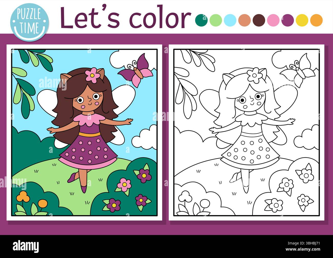 Fairyland coloring page with cute fairy and magic forest landscape ...