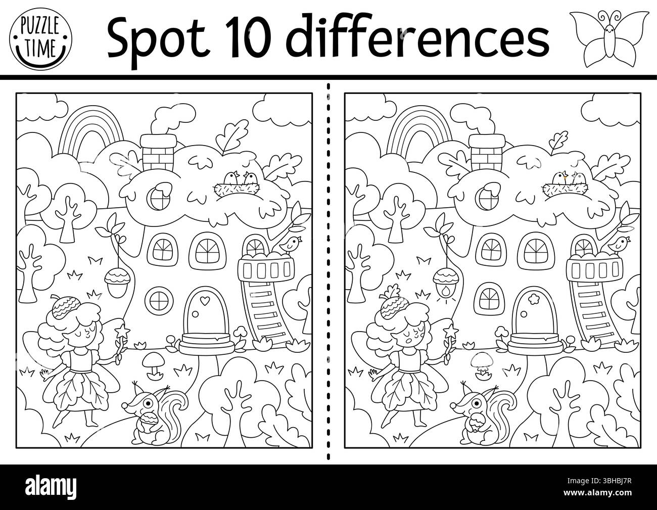 Black and white find differences game for children. Fairyland activity ...