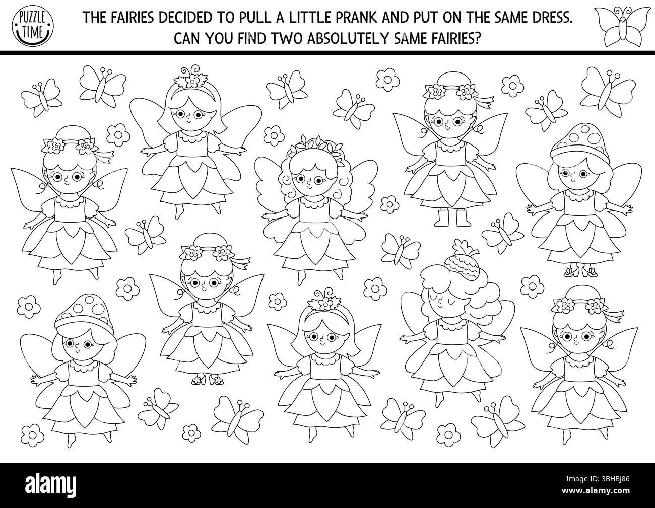Find two same fairies. Fairyland black and white matching activity ...