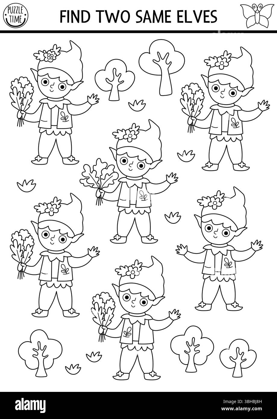 Find two same elves. Fairyland black and white matching activity for ...