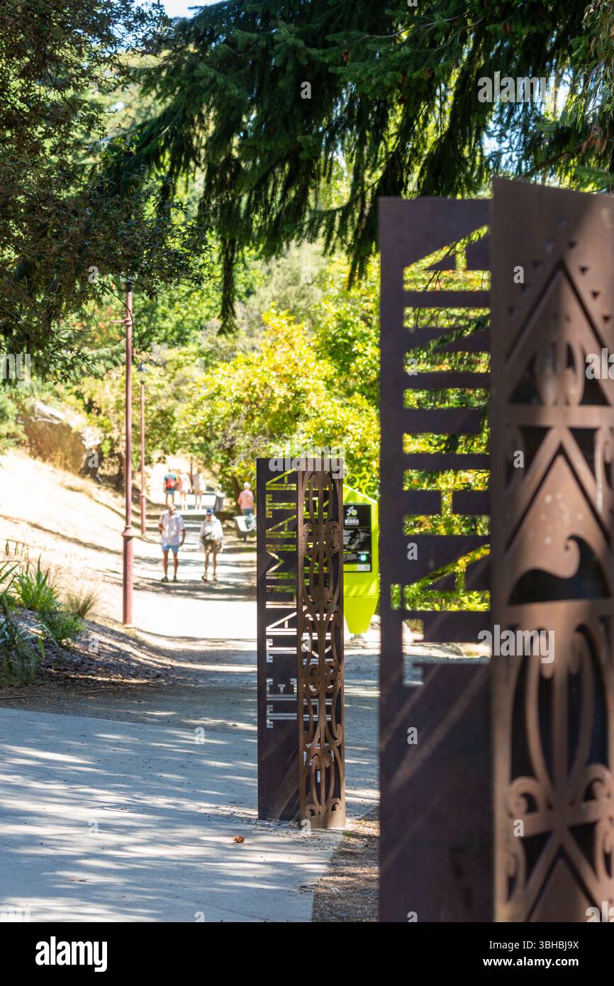 Metal artwork / signs in Queenstown Gardens, Otago, New Zealand Stock ...
