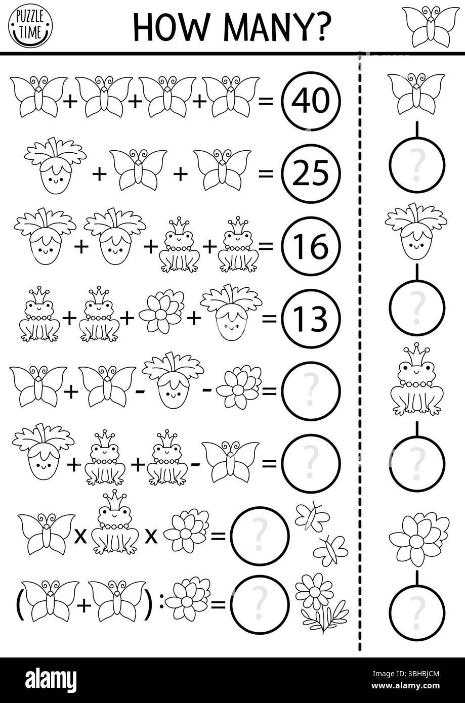 Black and white math game, equation or rebus with frog prince ...