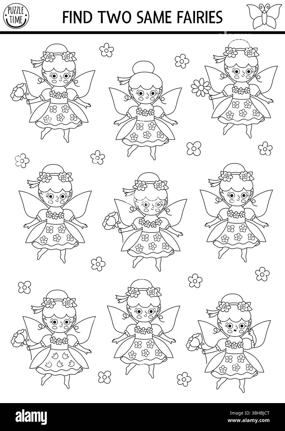 Find two same flower fairies. Fairyland black and white matching ...