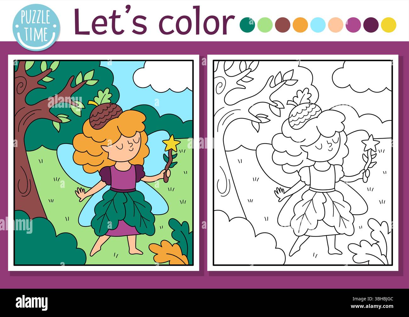 Fairyland coloring page with cute acorn fairy and magic forest ...