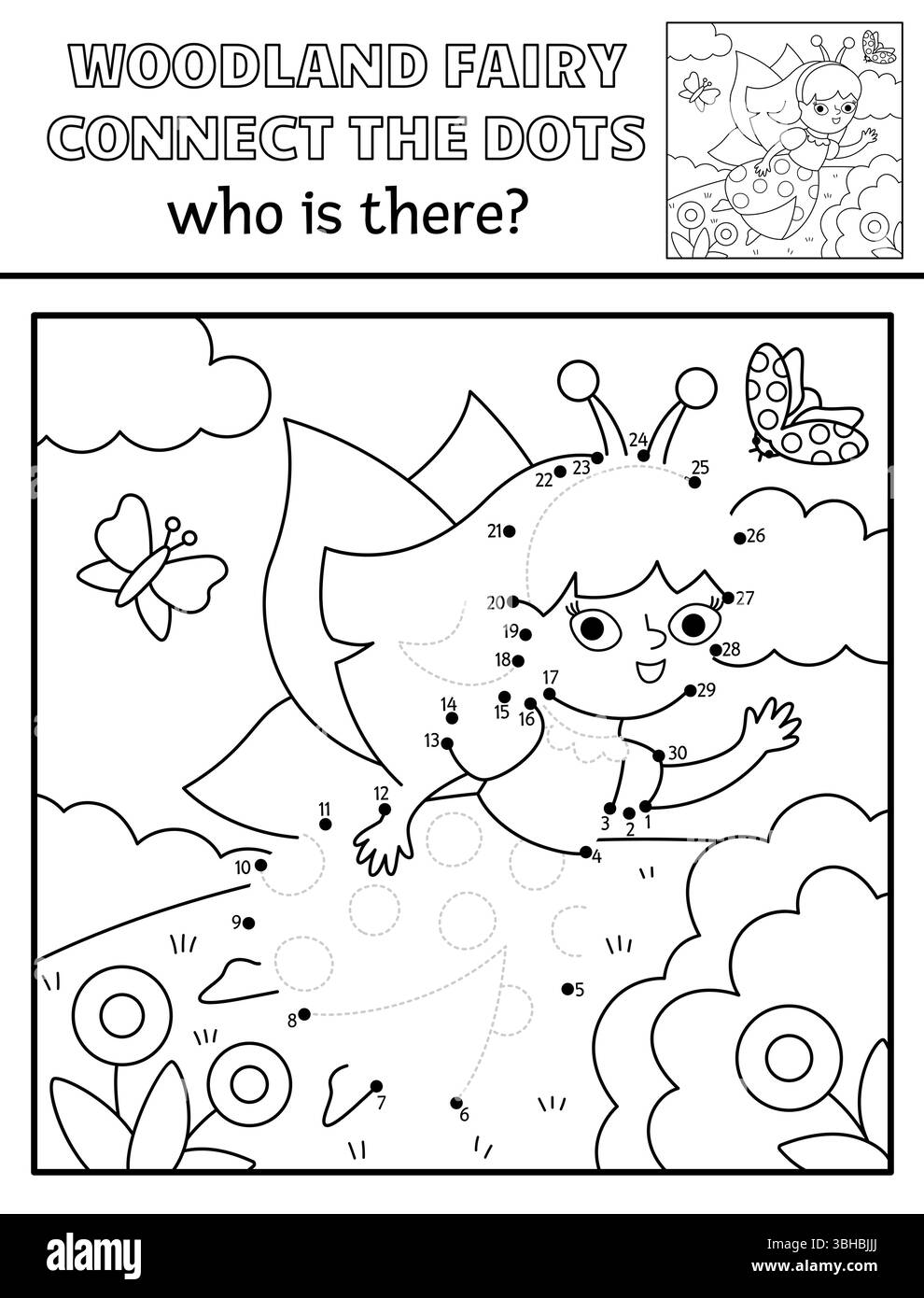 Vector black and white fairyland dot-to-dot activity with fairy bug ...