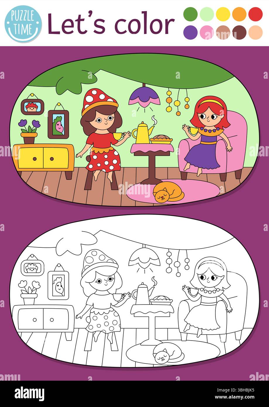 Fairyland coloring page with cute fairies drinking tea in tree house ...
