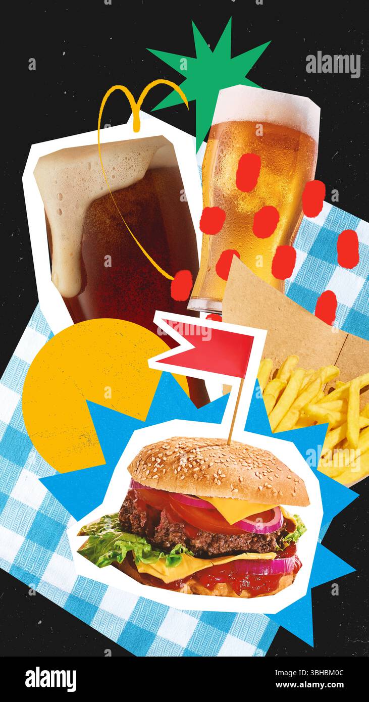 Conceptual art collage. Burger with cheese, fries and two beer glasses ...