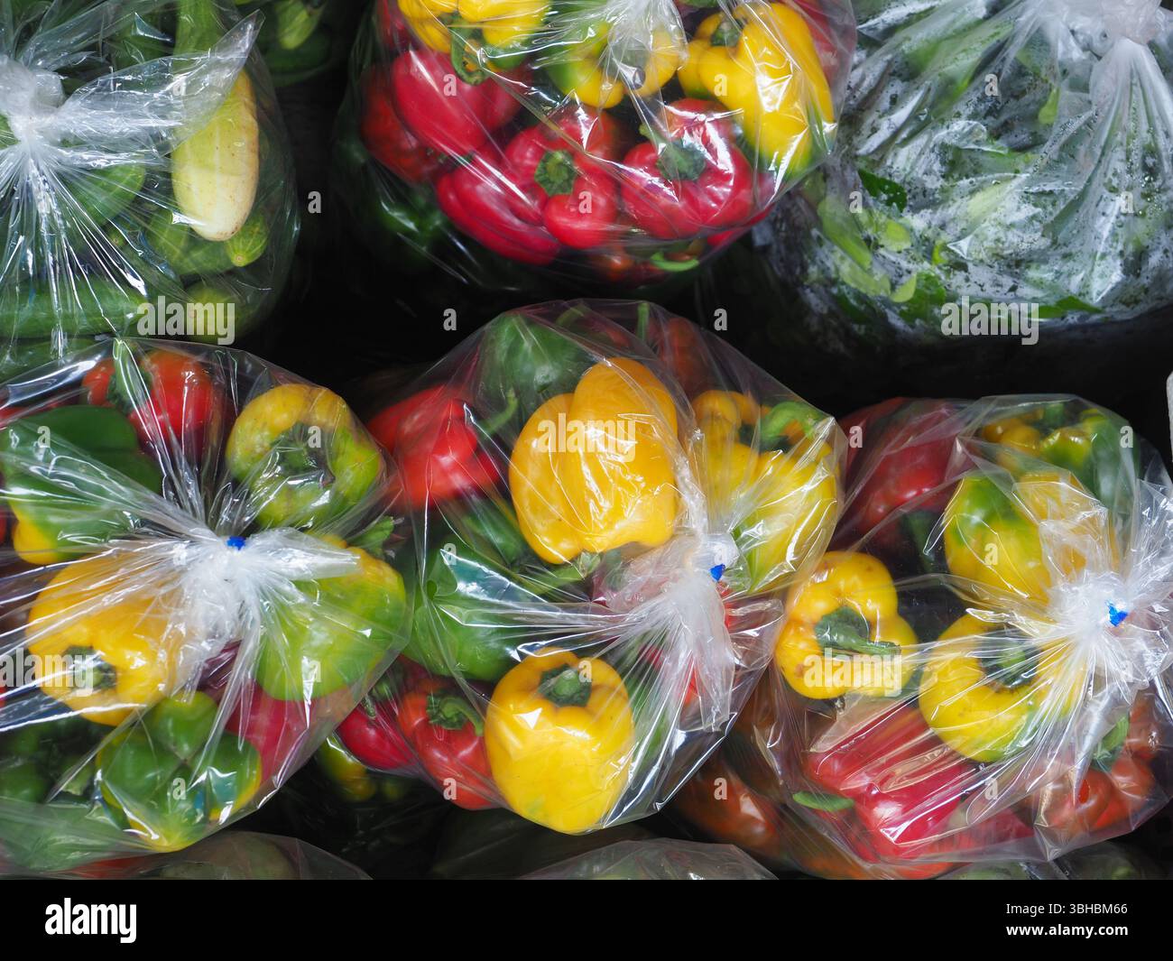 Vegetables and fruits packed in plastic bags for wholesale at the ...