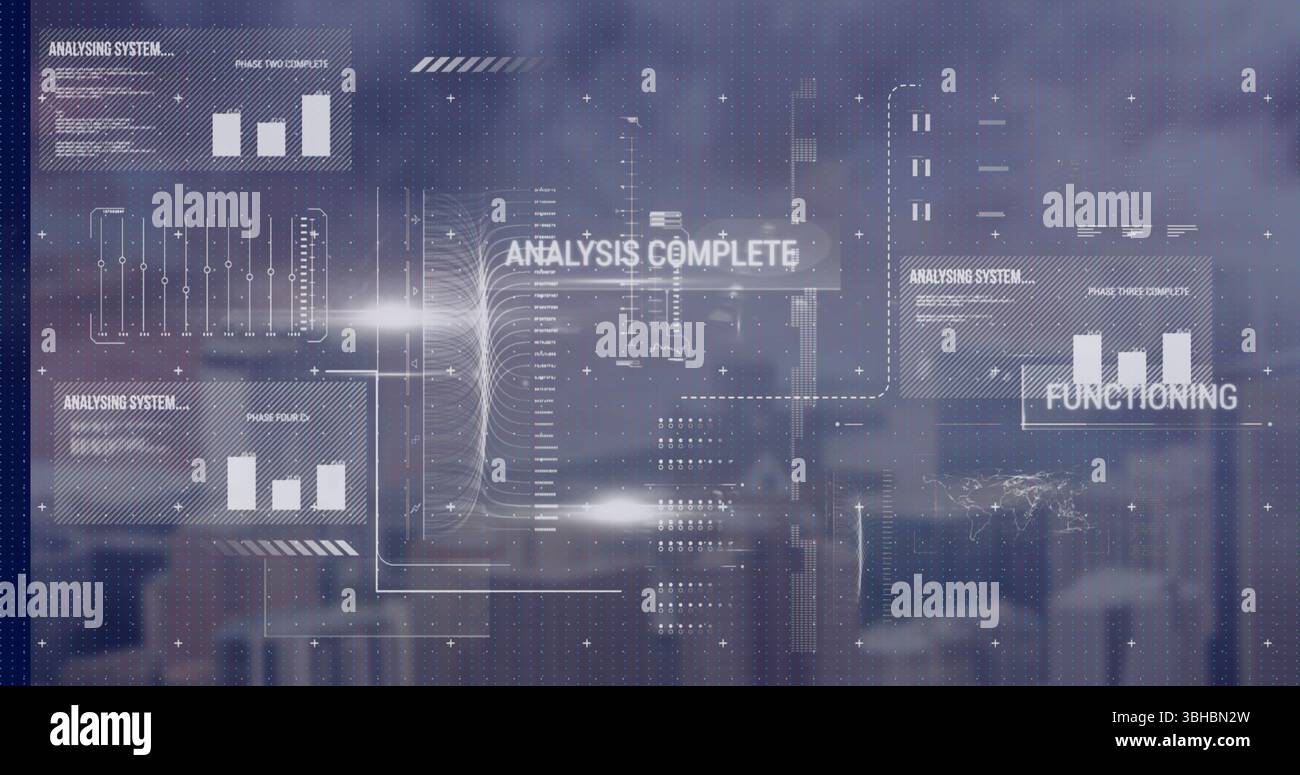 Digital data interface overlaying blurred skyline, with charts, data ...