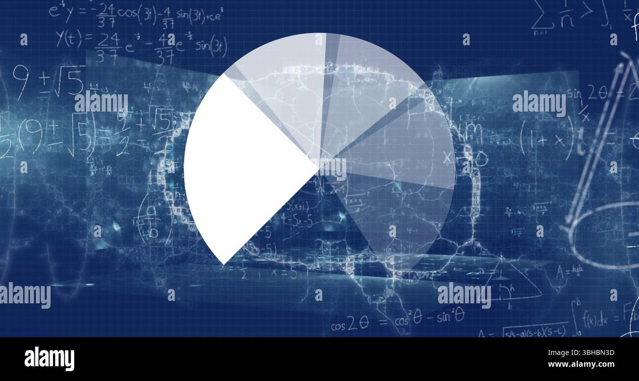 Displaying segmented pie chart overlaying dark blue interface with math ...