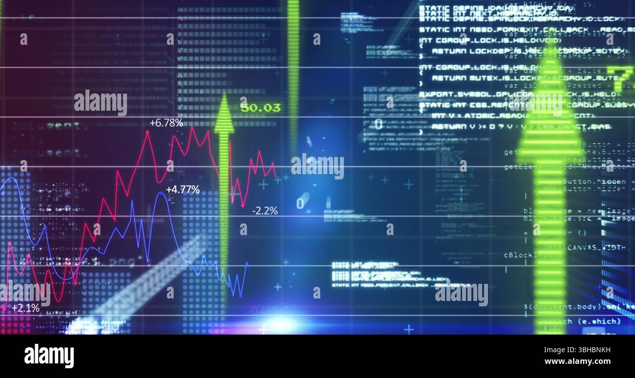 Displaying vertical glowing green arrow rising on dashboard, with red ...