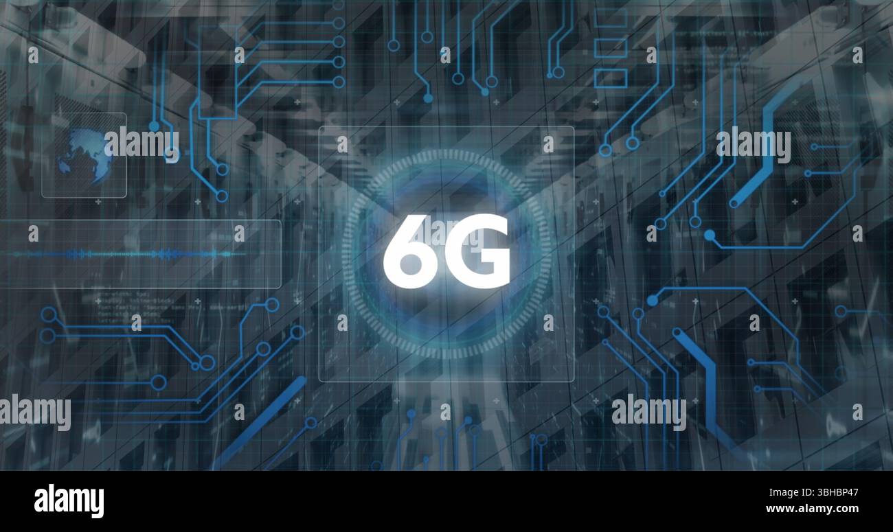 Hovering glowing 6G symbol inside luminescent ring in server aisle, with circuit nodes ...