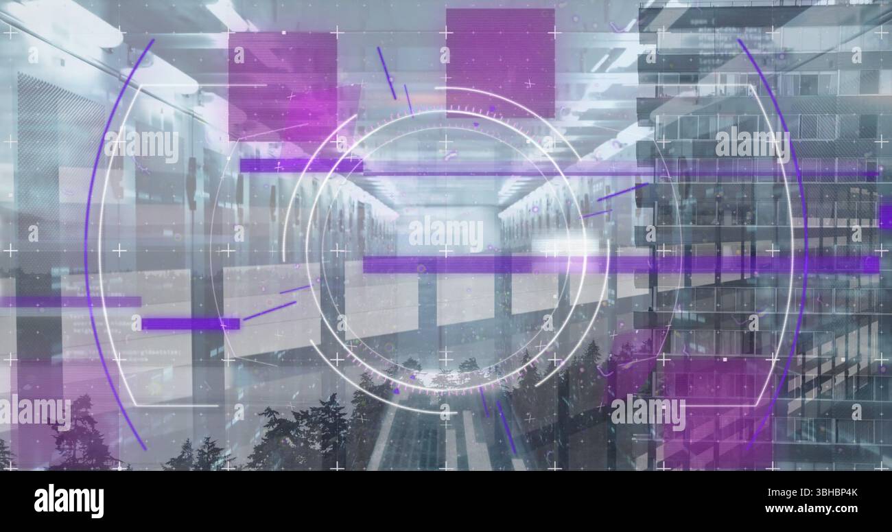 Displaying digital overlay hovering over atrium walkway, with purple lines, white crosshair ...