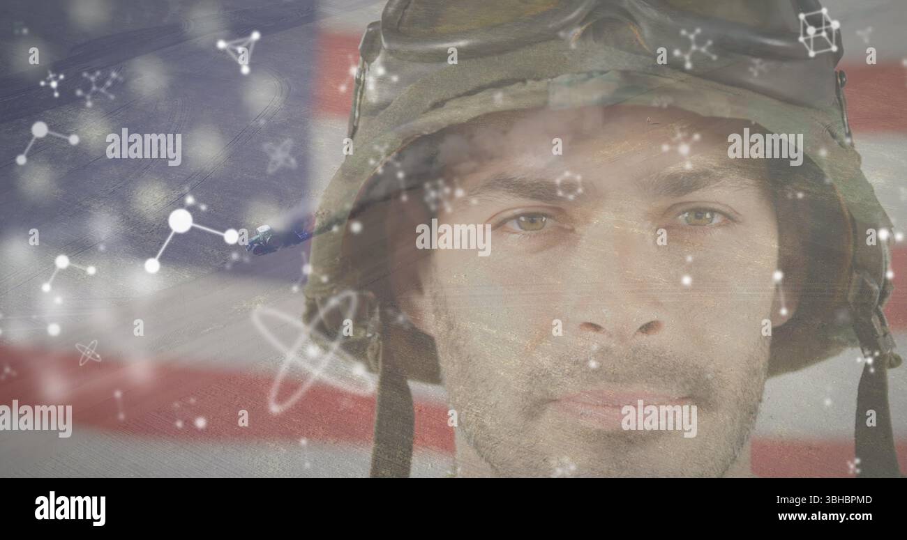 Image of graphics rotating over portrait of caucasian young army ...