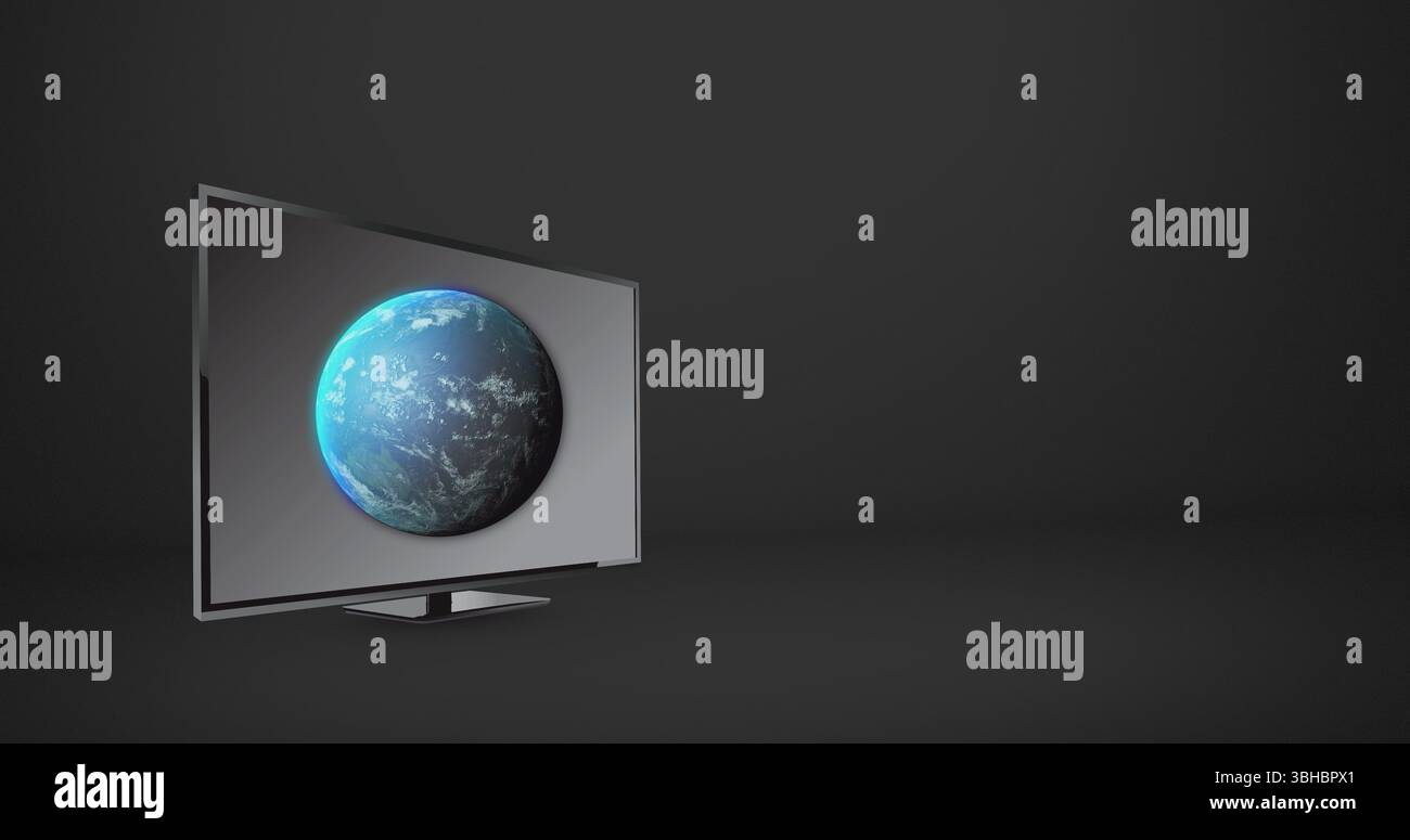 Image of tv with globe on screen over grey background Stock Photo - Alamy