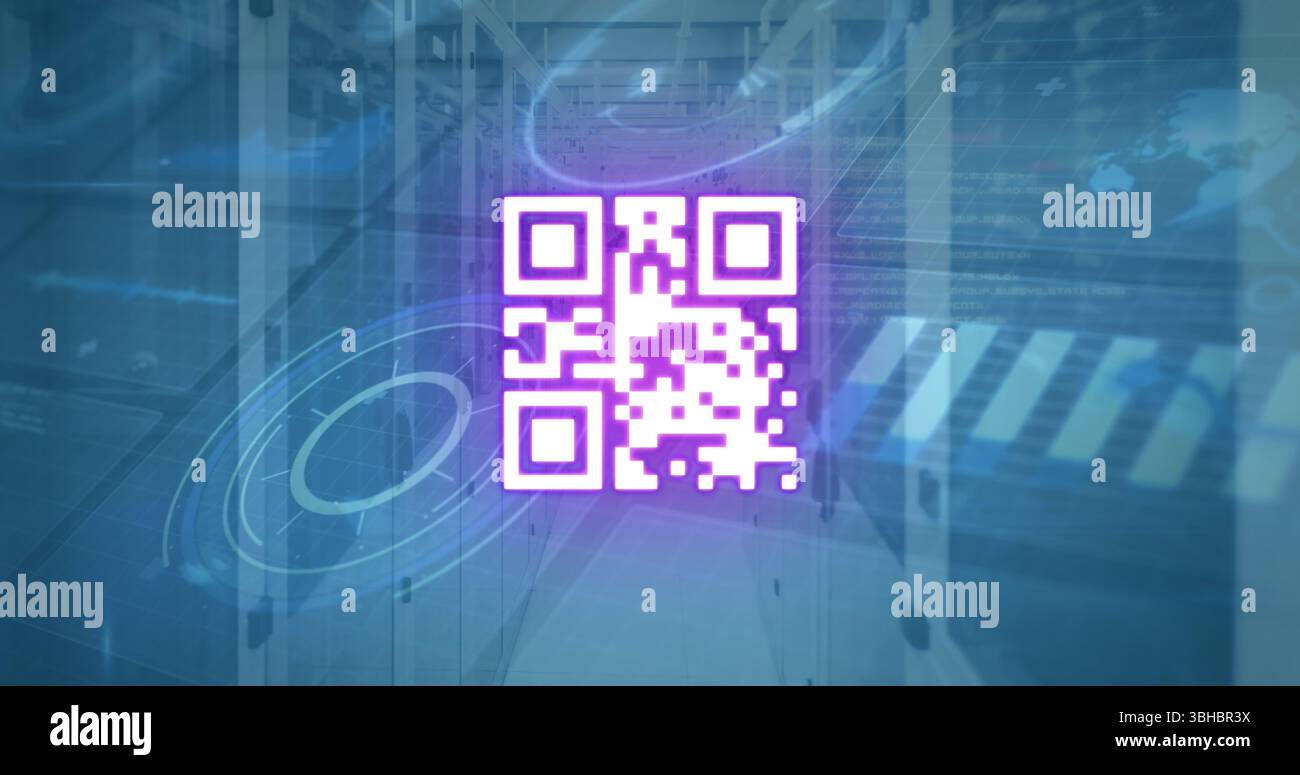 Neon pink QR code floating in server room with glass door cabinets, code overlays, waveforms ...
