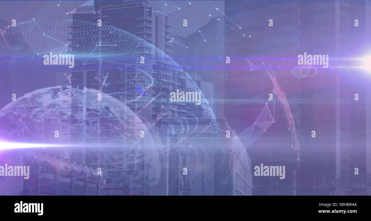 Rotating holographic globe overlaying futuristic city skyline with ...