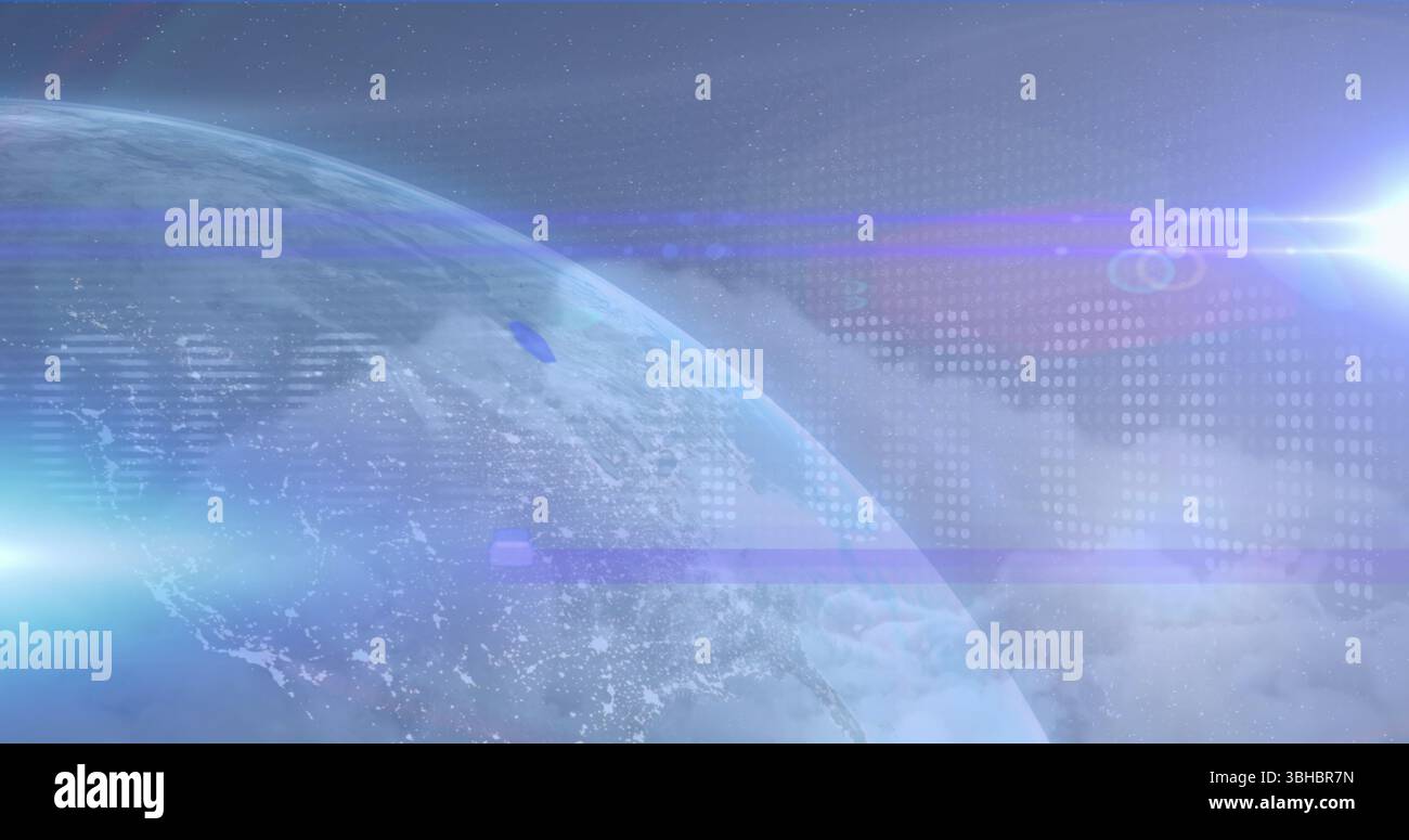 Floating Earth hemisphere showing digital grid and dot overlay in space, with stars and lens ...