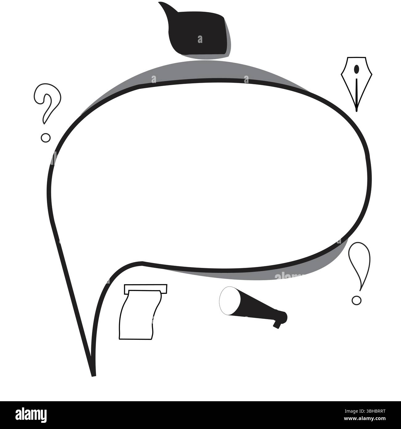 text bubble with icons around: question mark; exclamation mark ...