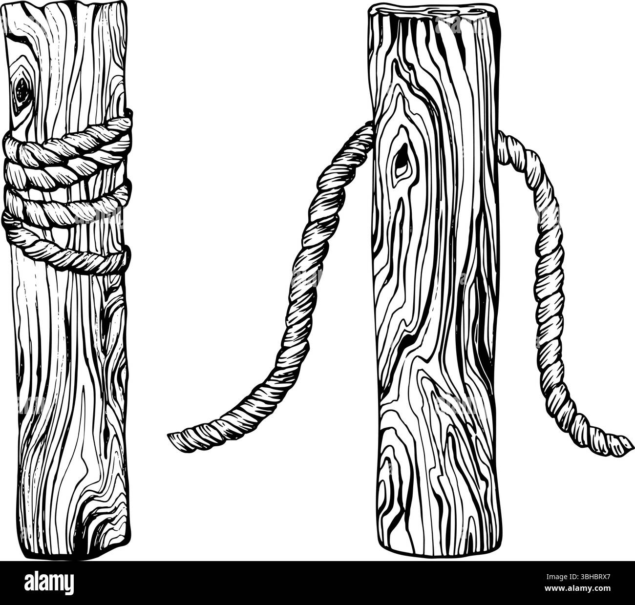Two wooden posts wrapped with rope. Hand drawn vector illustration ...