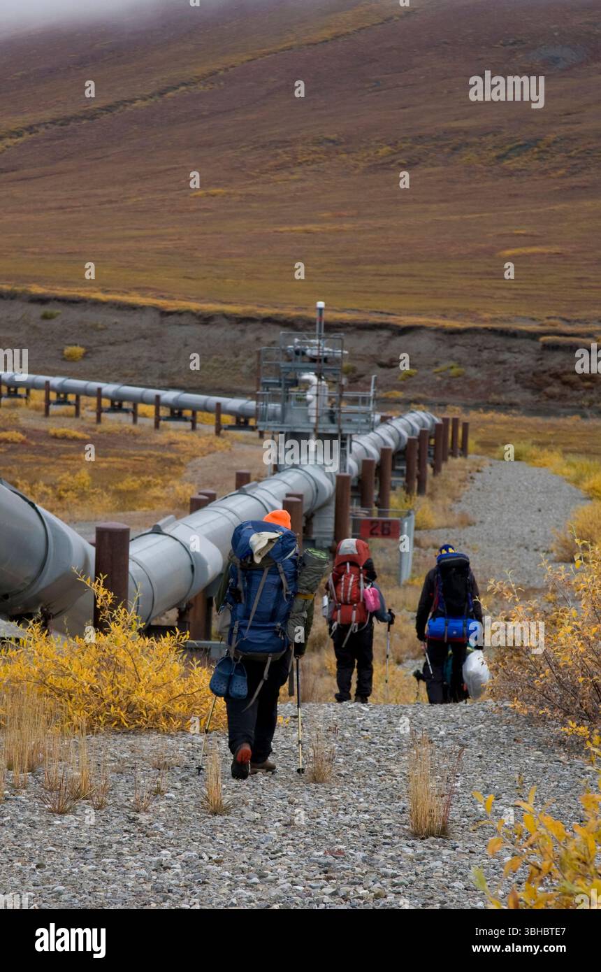 Backpackers hike along the trans-Alaska pipeline on the western border ...