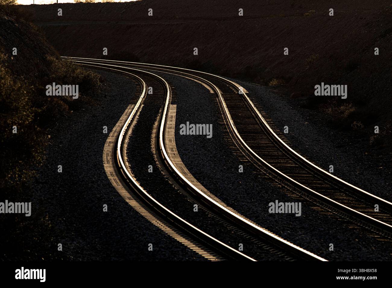Parallel curved railroad tracks glint in the last light Stock Photo - Alamy