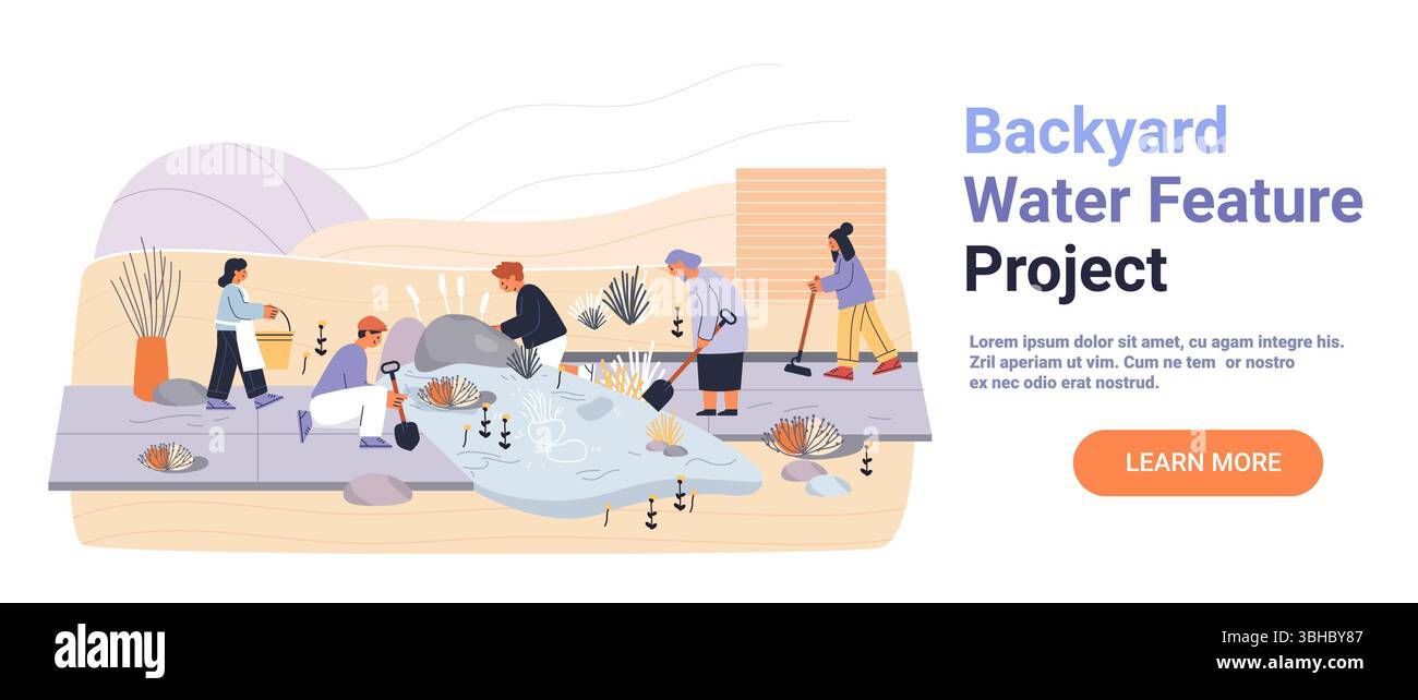 Backyard water feature project people gardening landscaping pond plants ...