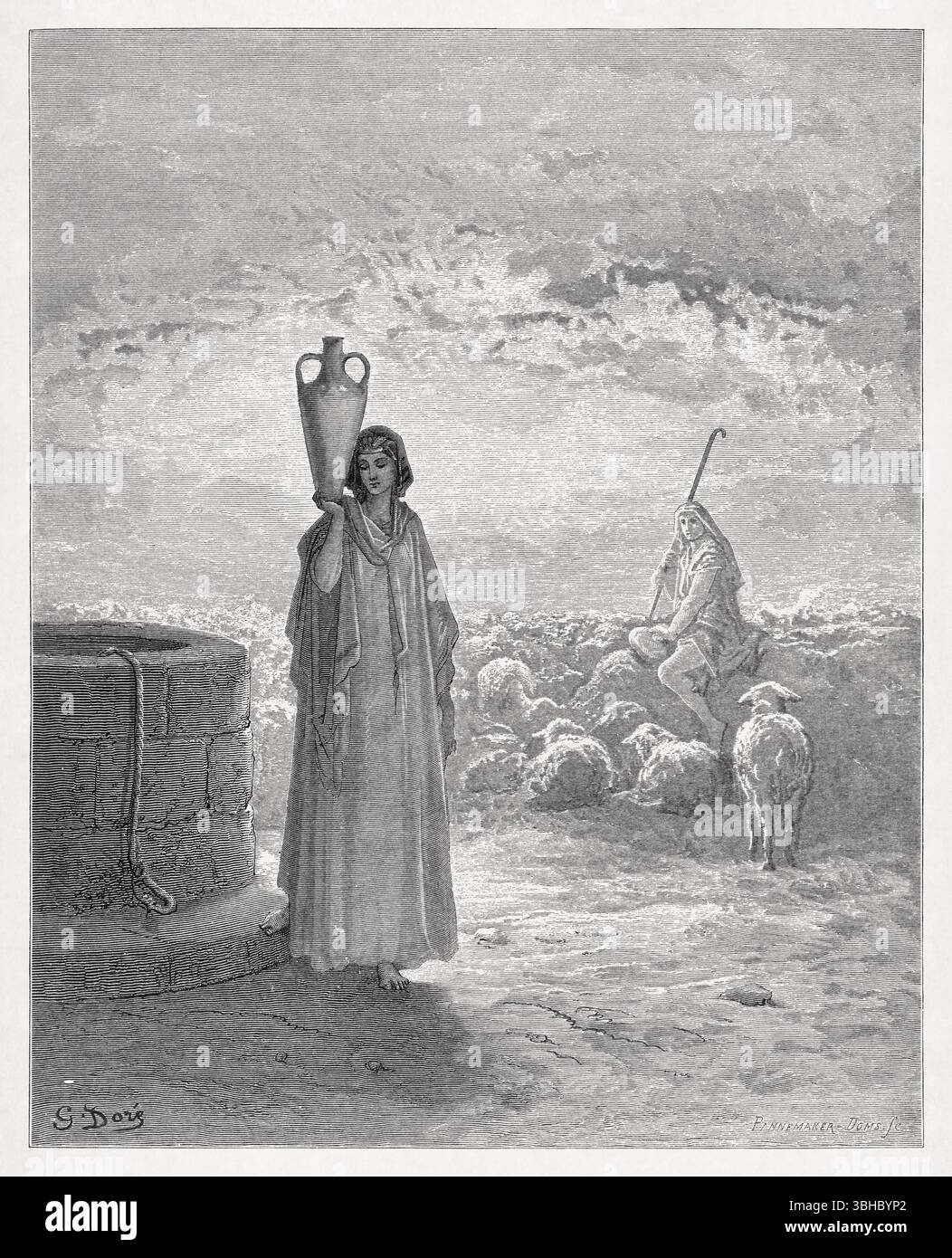 Engraving by Gustave Doré representing Jacob tending Laban's flock and ...